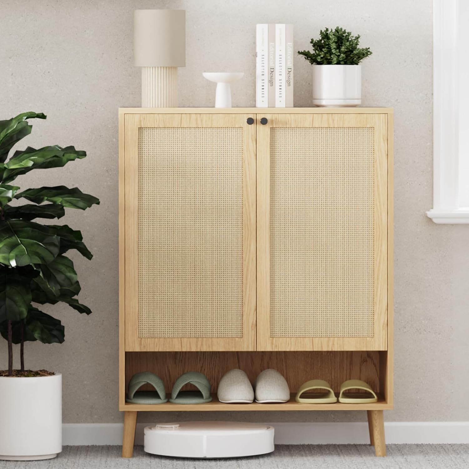Natural Rattan Shoe Cabinet, Freestanding 5-Tier Shoe Storage Organizer ...