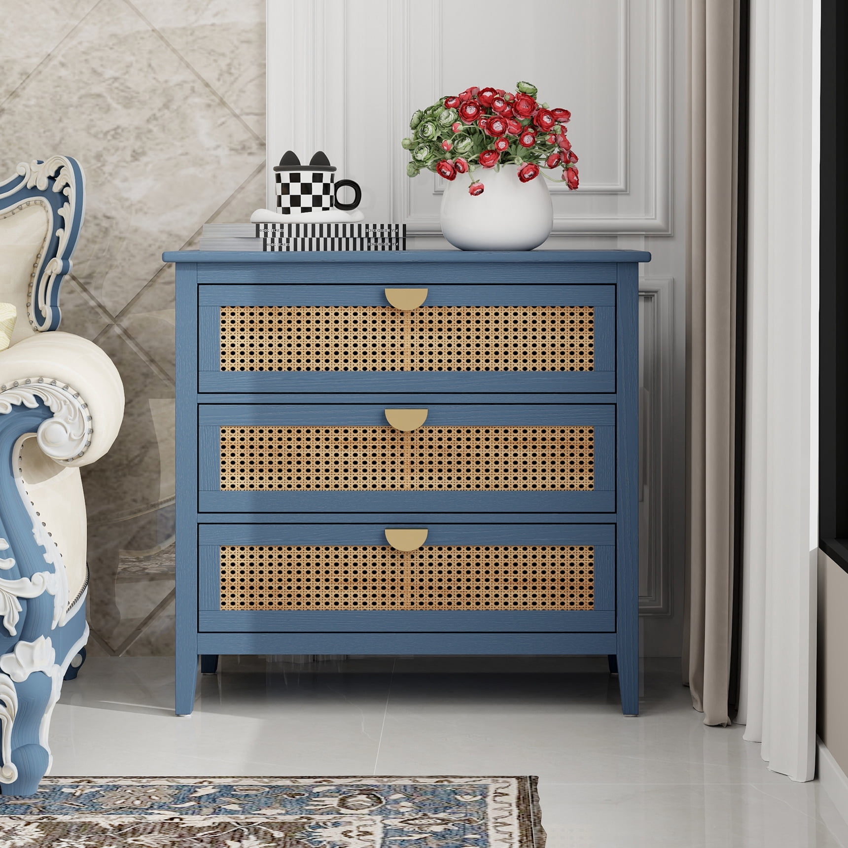 Natural Rattan Storage Cabinet with 3 Drawers, Modern Dresser Chest ...