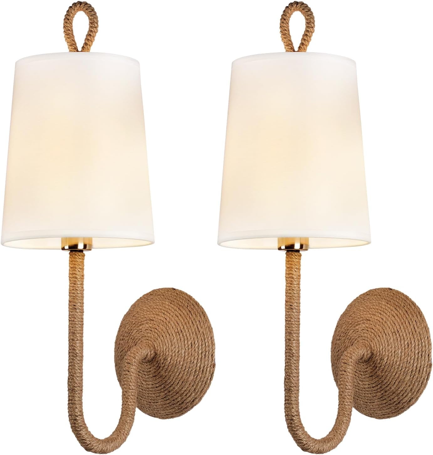 Natural Rattan Wall Sconce Set of 2: Boho Coastal Rope Woven Lamps with ...