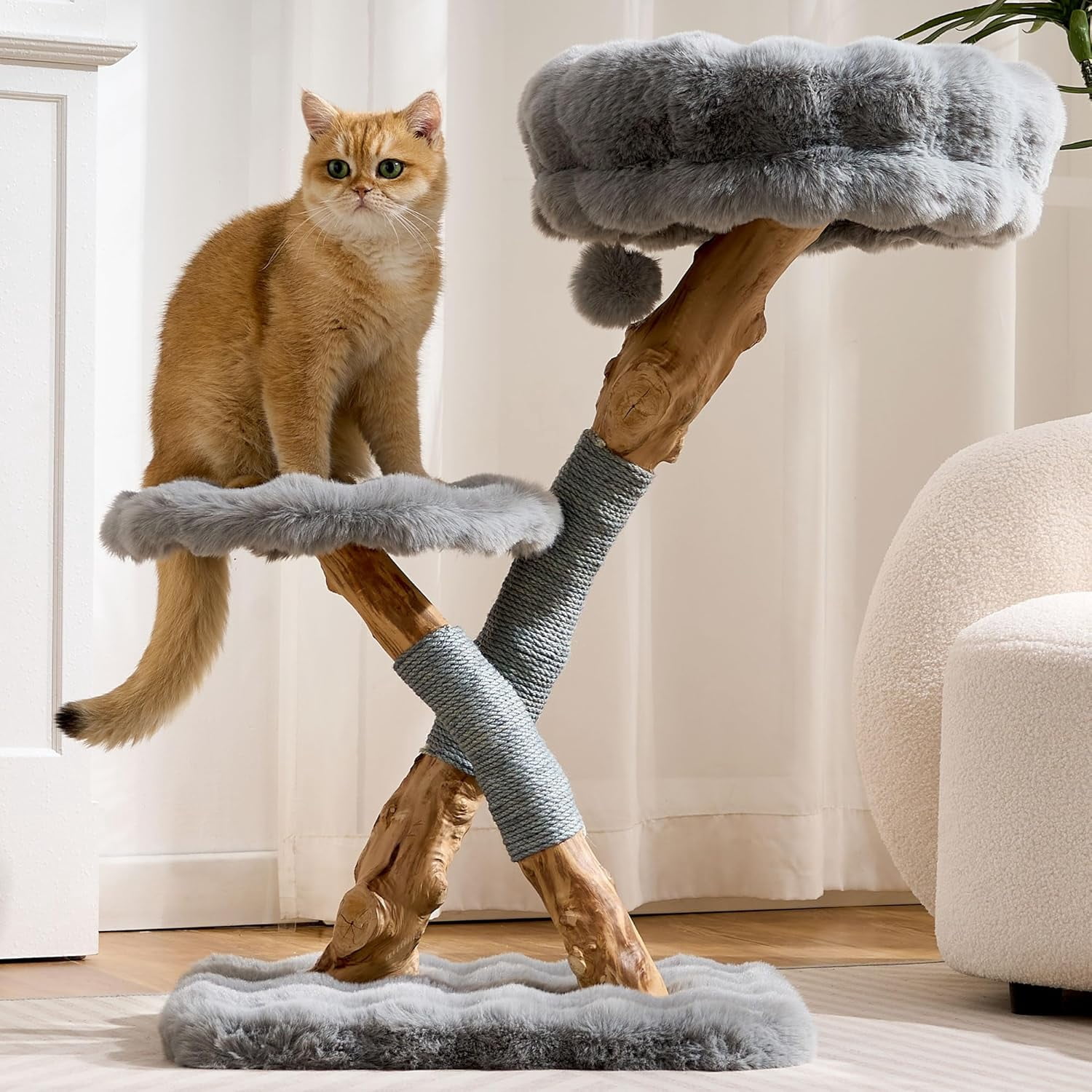 Natural Real Wood Cat Tree, Modern Solid Wood Cat Tower for Large ...