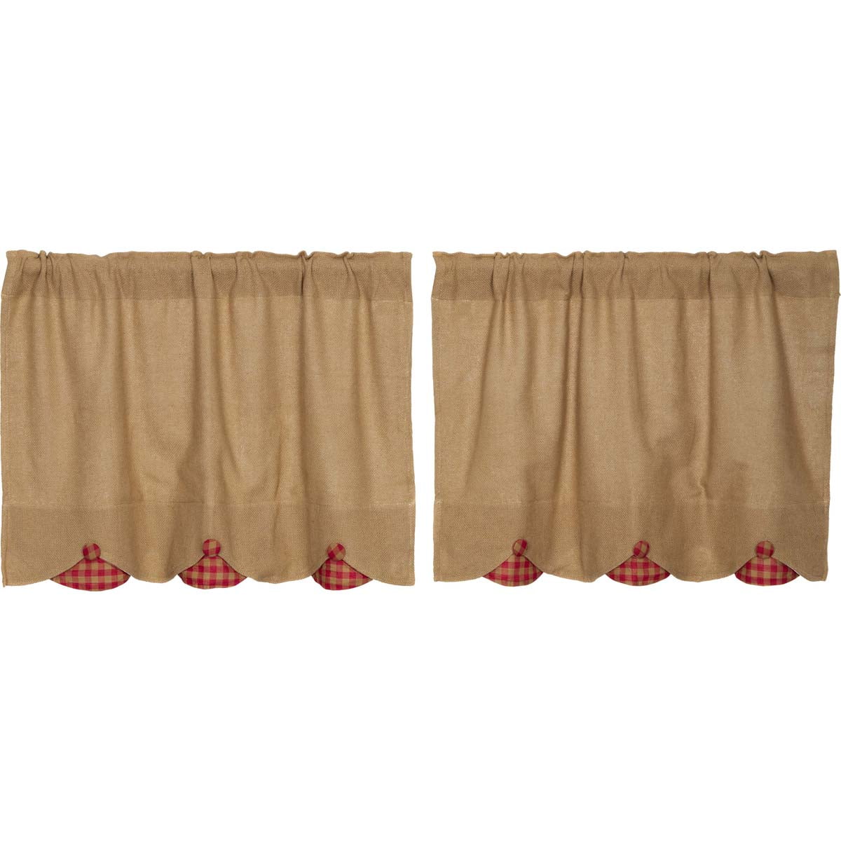 Natural Red Tan Farmhouse Kitchen Curtains Burlap Natural Check Rod ...