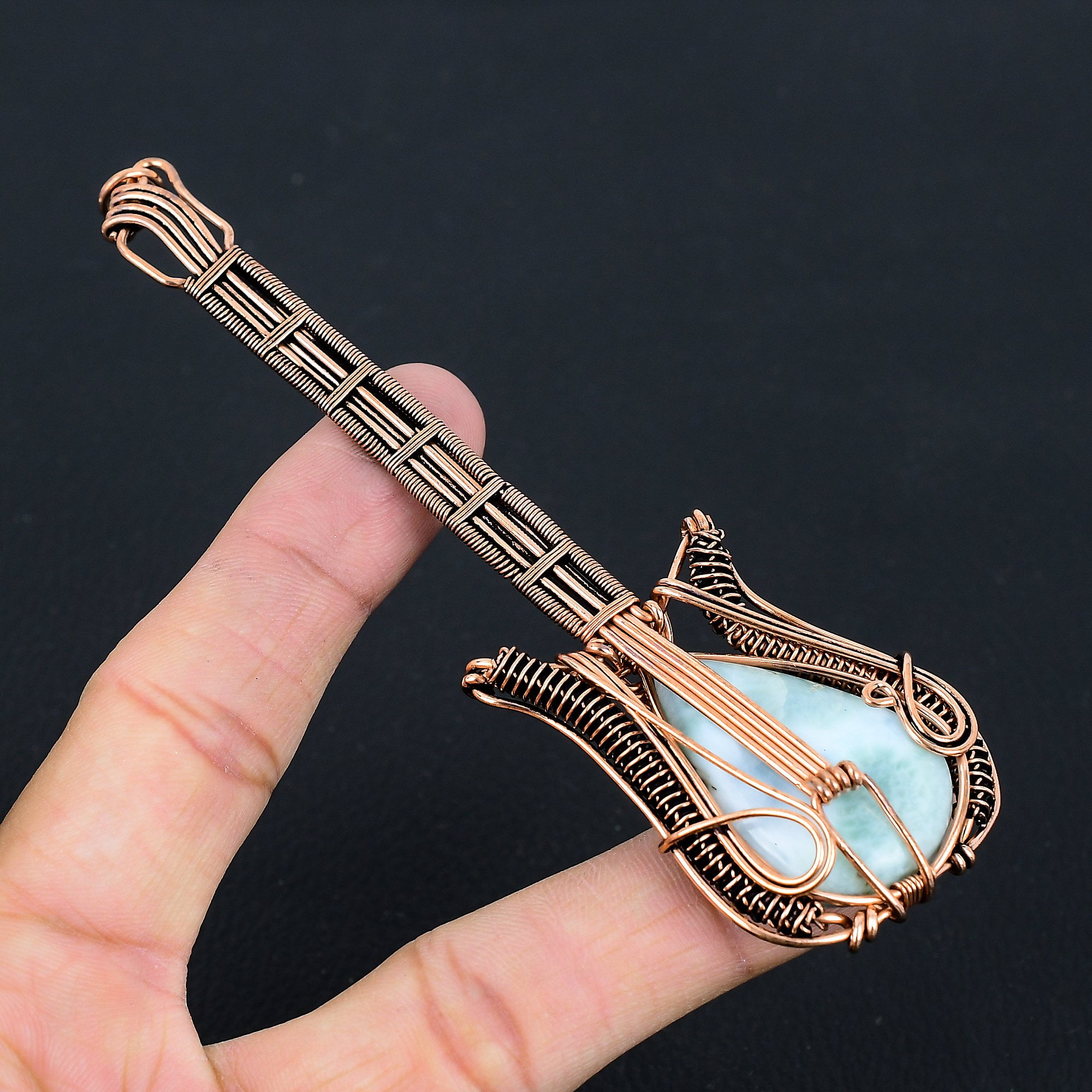 Natural Republic Larimar Handmade Copper Wire Wrap Guitar Pendant 4.53 ...