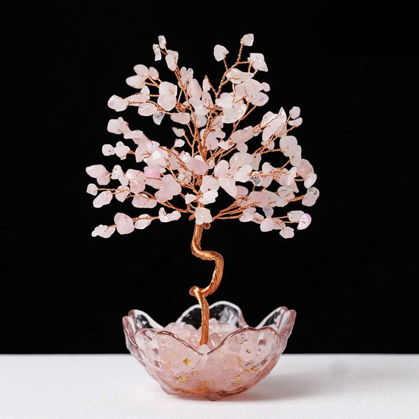 Natural Rose Quartz Chips Tree of Life Decorations Glass Base with ...