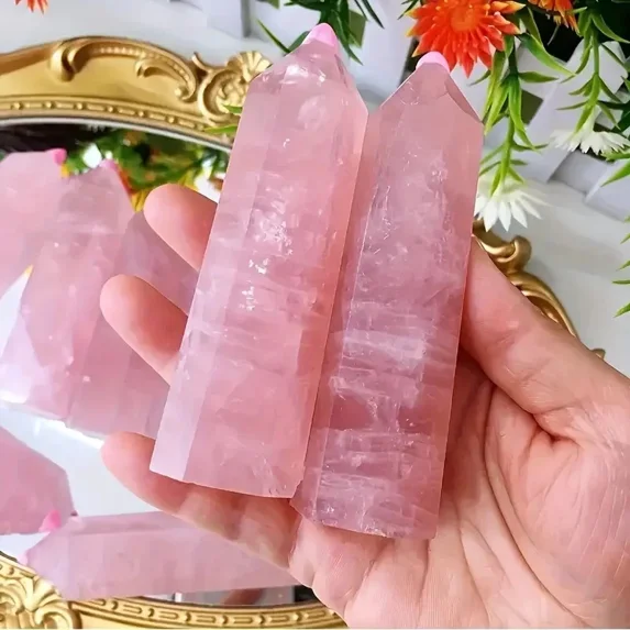 Natural Rose Quartz Tower Point Healing Energy Crystal Obelisk Wand ...