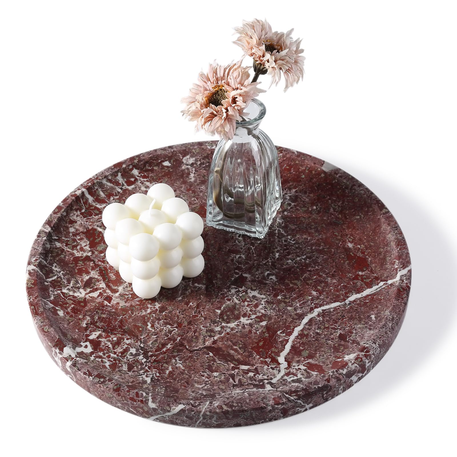 Natural Round Marble Tray, 11.7in Decorative Vanity Catchall Countertop ...