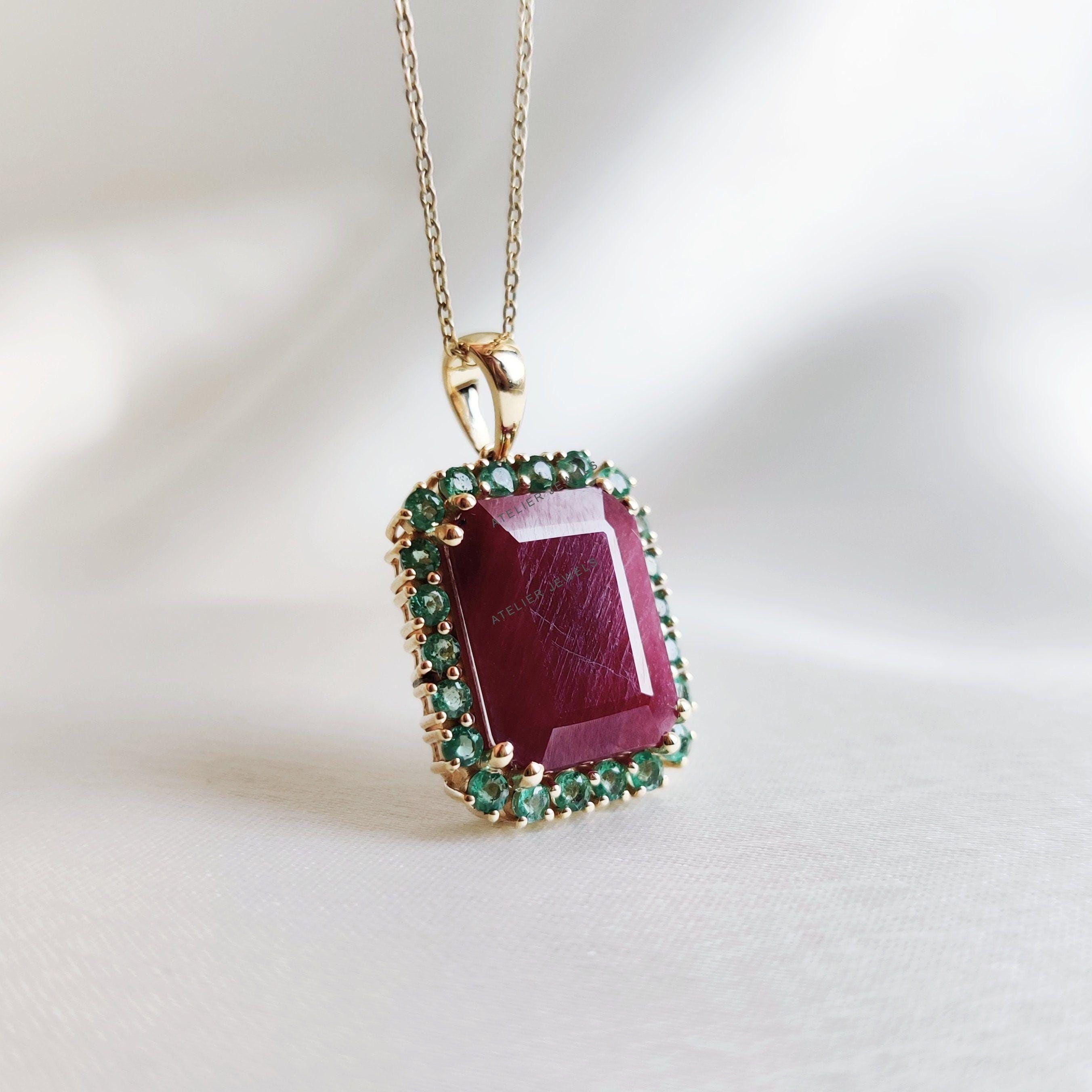 Natural Ruby & Emerald Pendant: 14K Yellow Gold Precious Gemstone ...