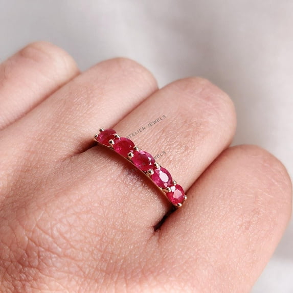 Natural Ruby Ring, 14K Solid Yellow Gold Ruby Ring, July Birthstone Ring, Half Eternity Ruby ...