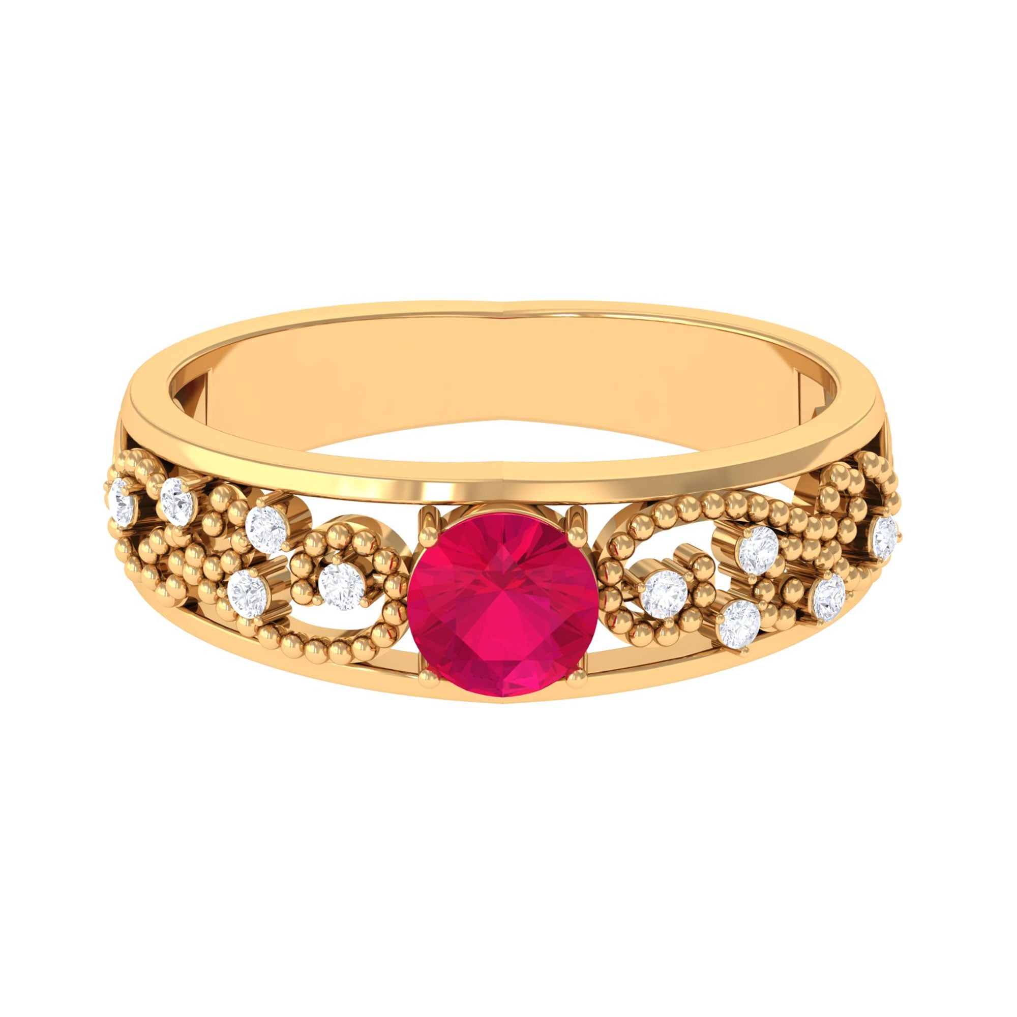 Natural Ruby Solitaire Ring with Diamond for Women, Beaded Ring - AAA ...
