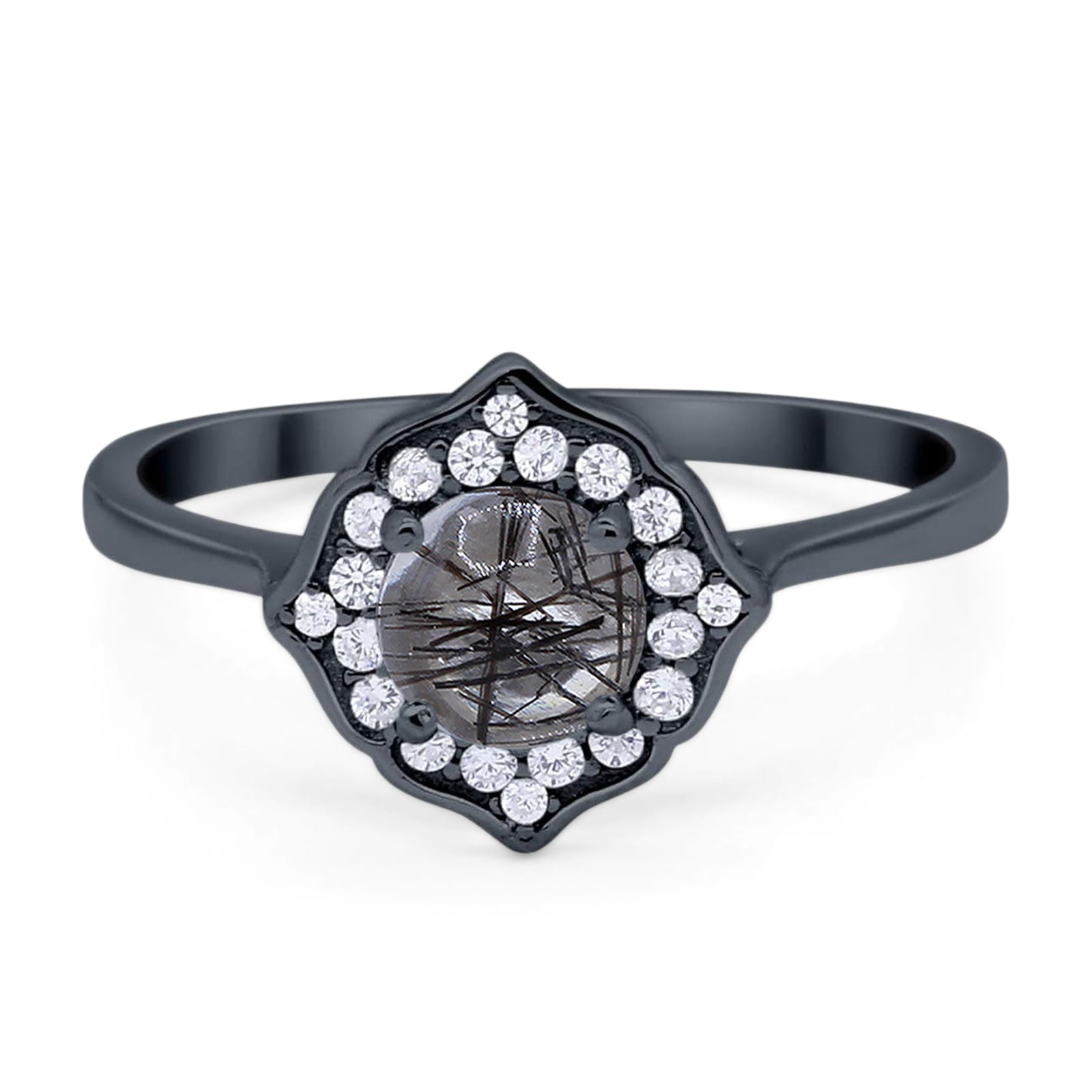 Natural Rutilated Quartz Black Tone Silver Size-5 Art Deco Round Flower ...