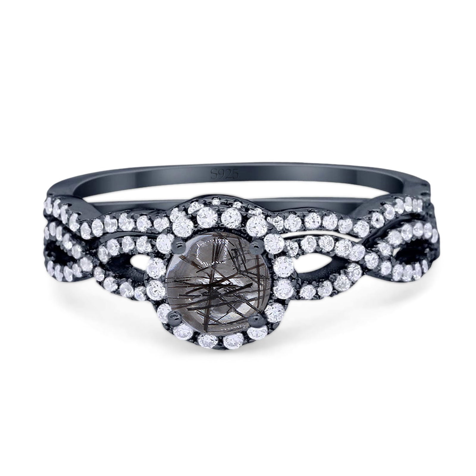 Natural Rutilated Quartz Black Tone Silver Size-6 Two Piece Art Deco ...