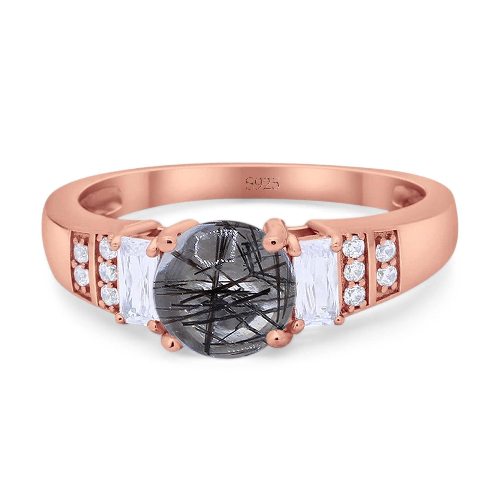 Natural Rutilated Quartz Rose Tone Silver Size-10 Three Stone Art Deco ...