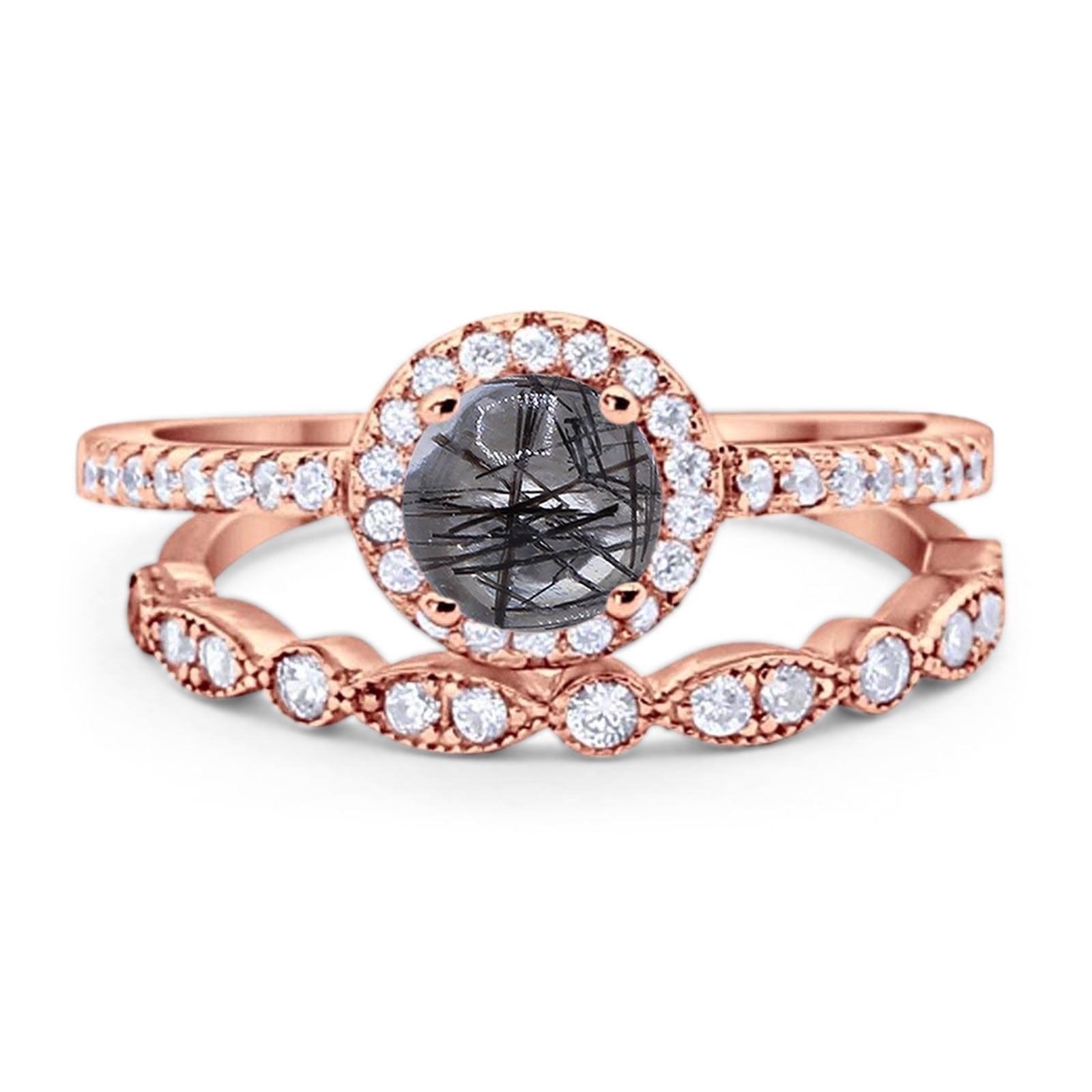 Natural Rutilated Quartz Rose Tone Silver Size-6 Two Piece Round Half ...