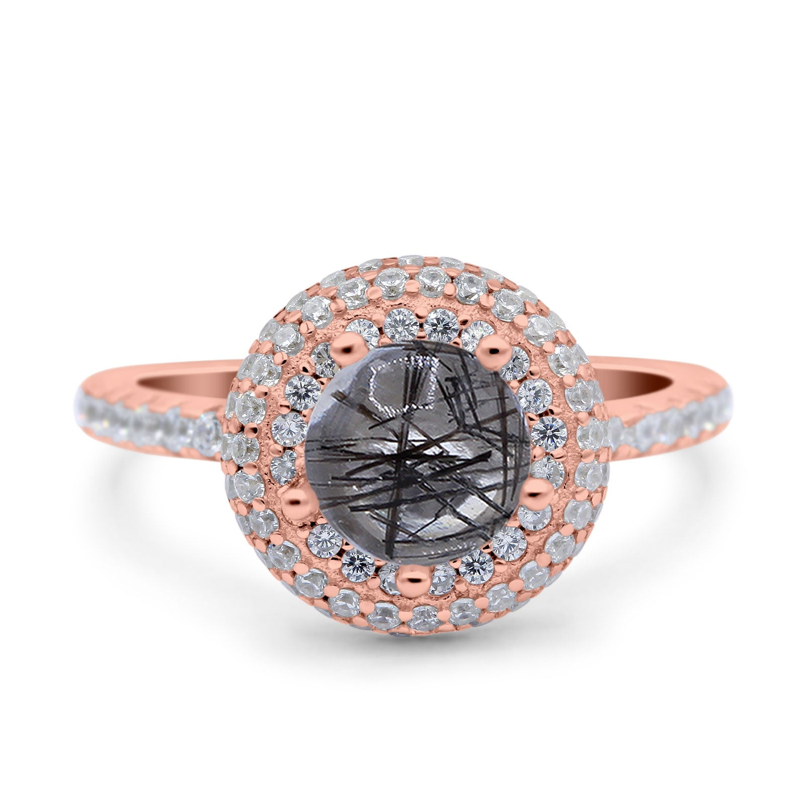 Natural Rutilated Quartz Rose Tone Silver Size-7 Art Deco Round Vintage ...
