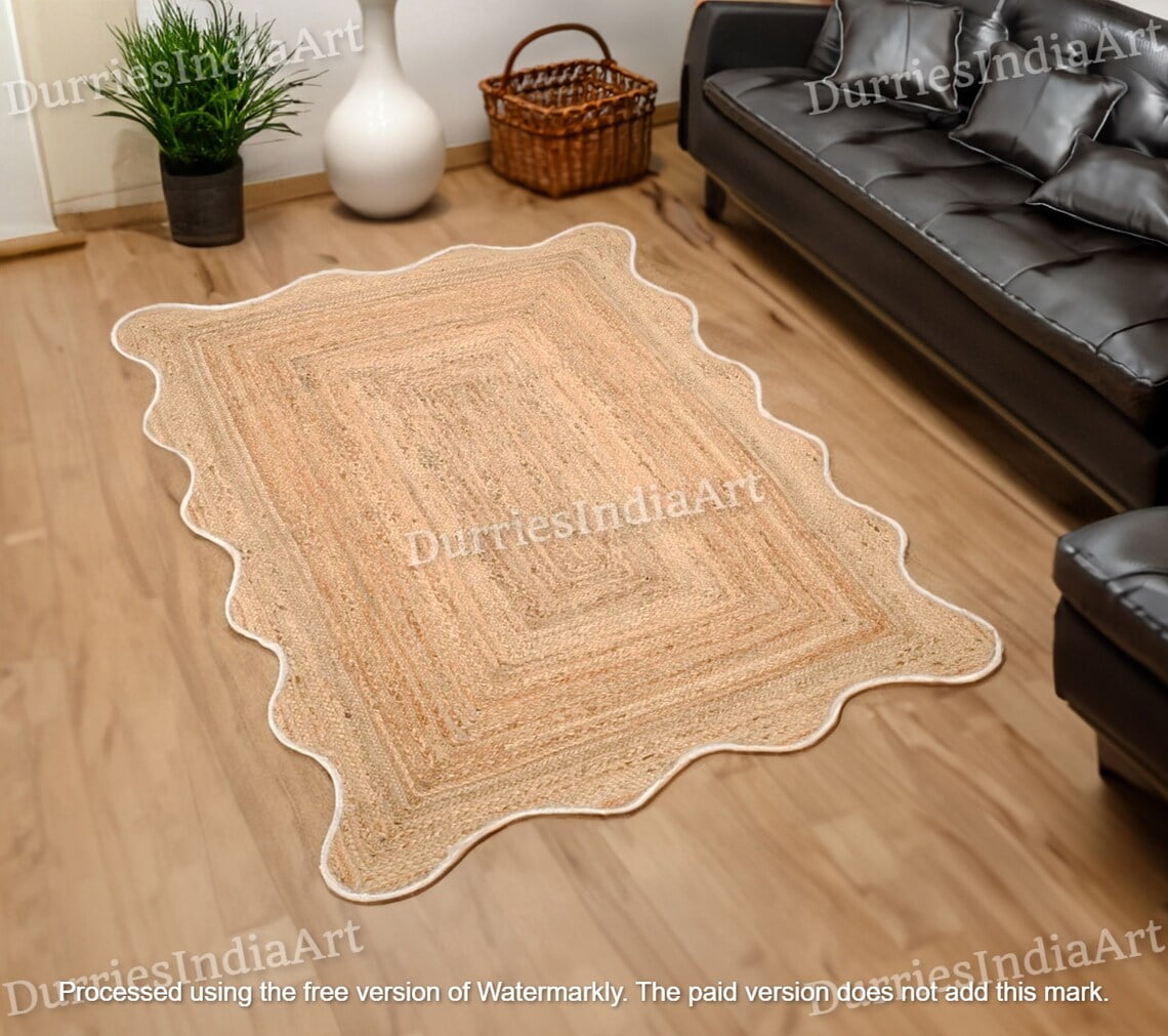 Natural Scalloped Jute Rug, Scallop pattern Rug, 100% Wool Handmade ...
