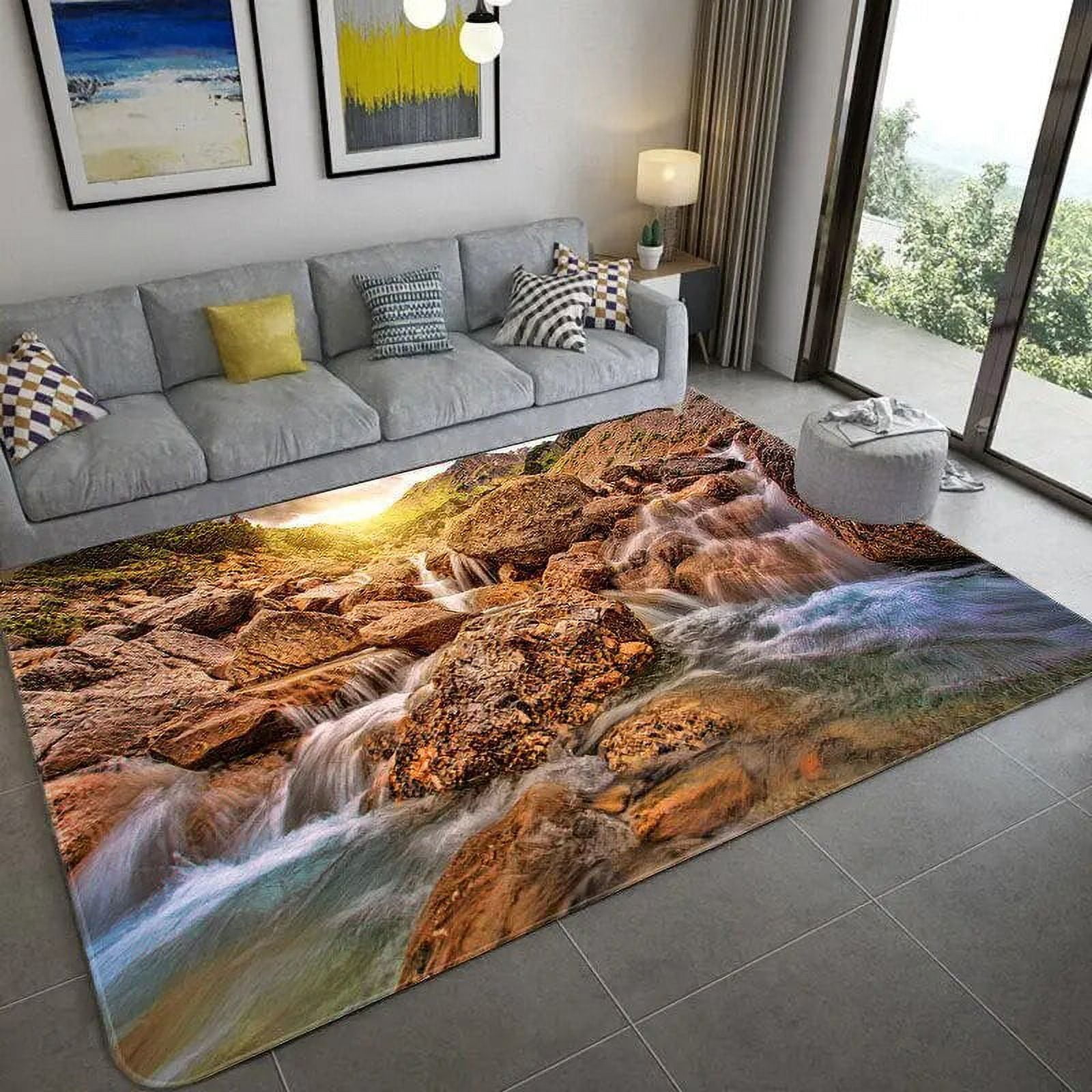 Natural Scenery 3D Carpet for Living Room Green Forest Waterfall ...
