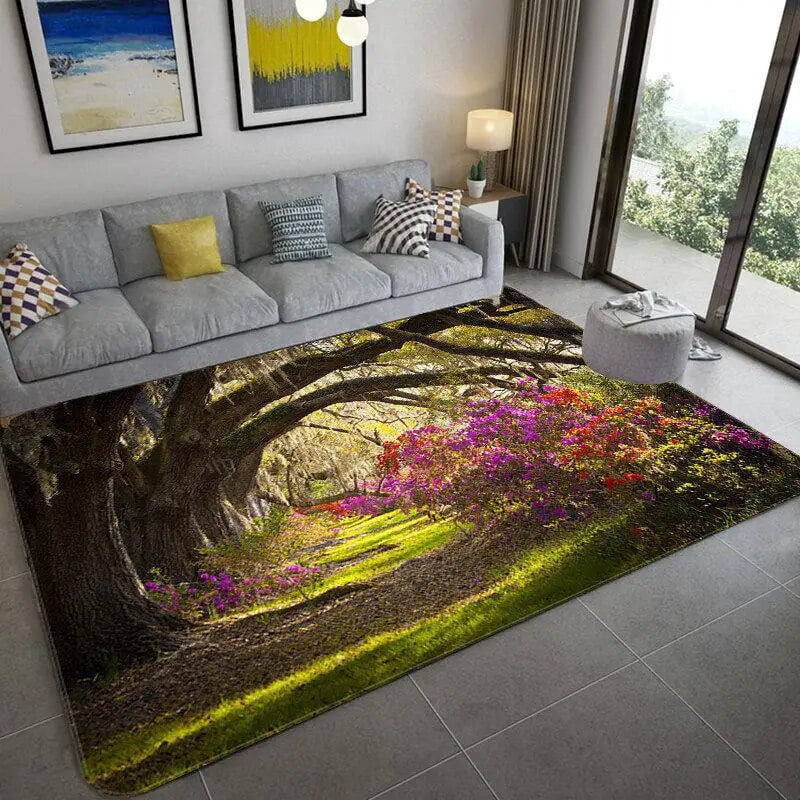Natural Scenery 3D Carpet for Living Room Green Forest Waterfall ...