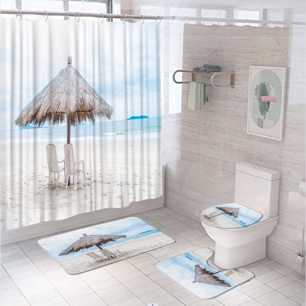 Natural Scenery Beach Palm Trees Shower Curtain Set Blue Ocean Rose ...
