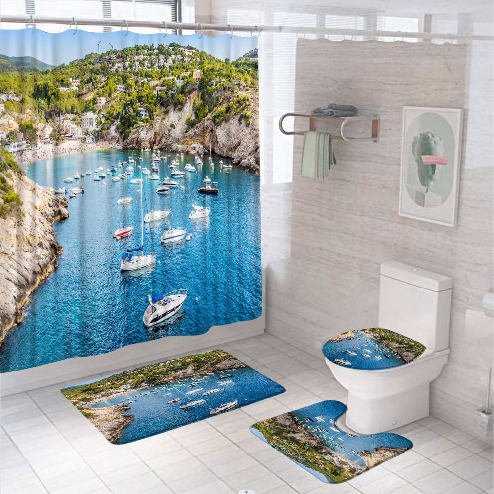 Natural Scenery Beach Palm Trees Shower Curtain Set Blue Ocean Rose ...