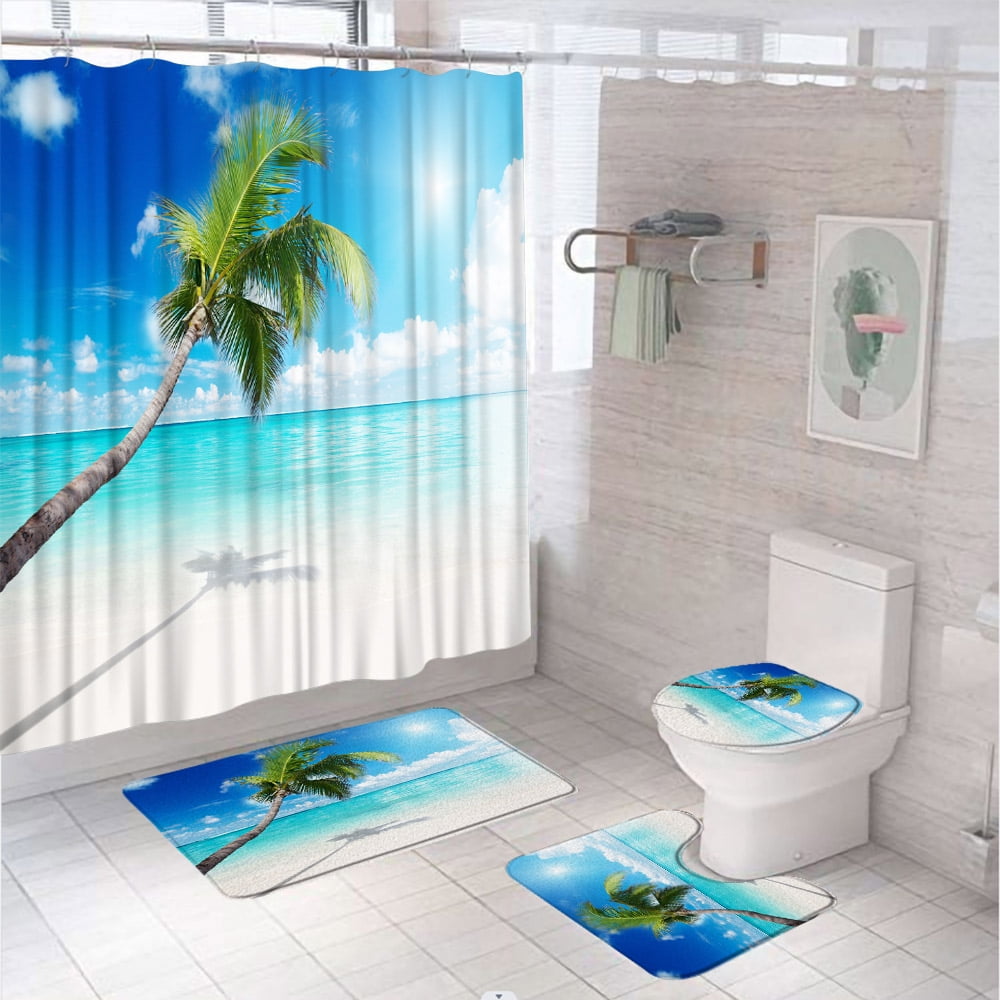Natural Scenery Beach Palm Trees Shower Curtain Set Blue Ocean Rose ...