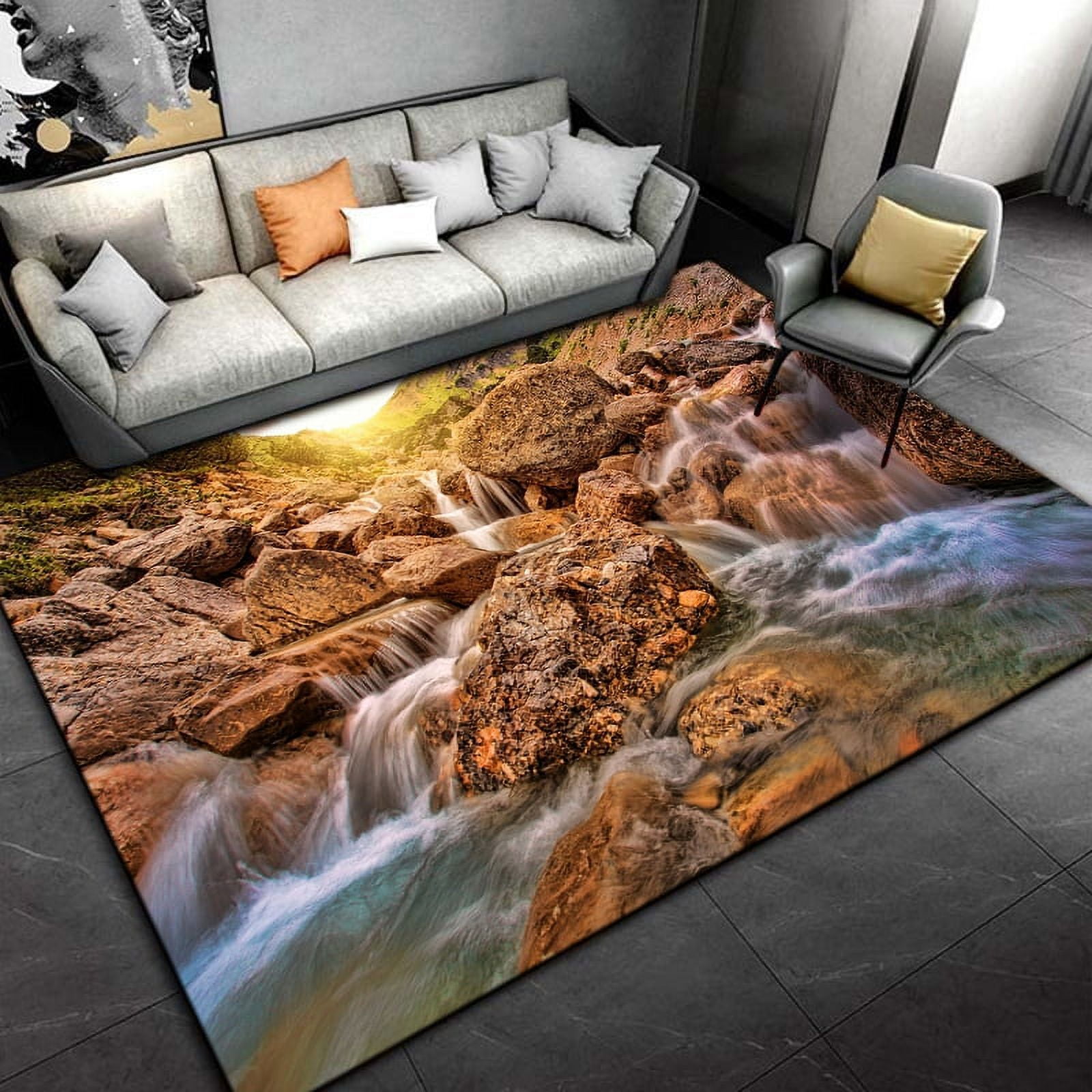 Natural Scenery Carpet For Living Room Green Forest Waterfall Landscape ...
