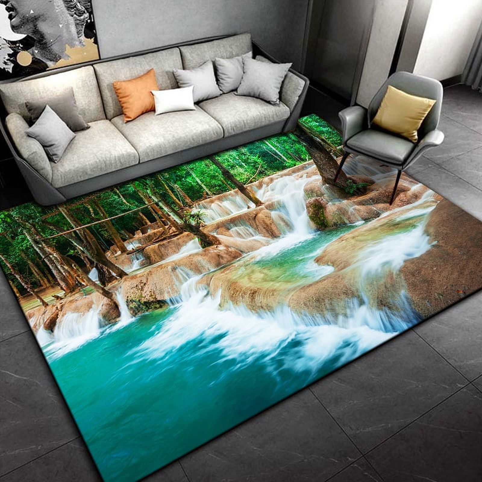Natural Scenery Carpet For Living Room Green Forest Waterfall Landscape ...