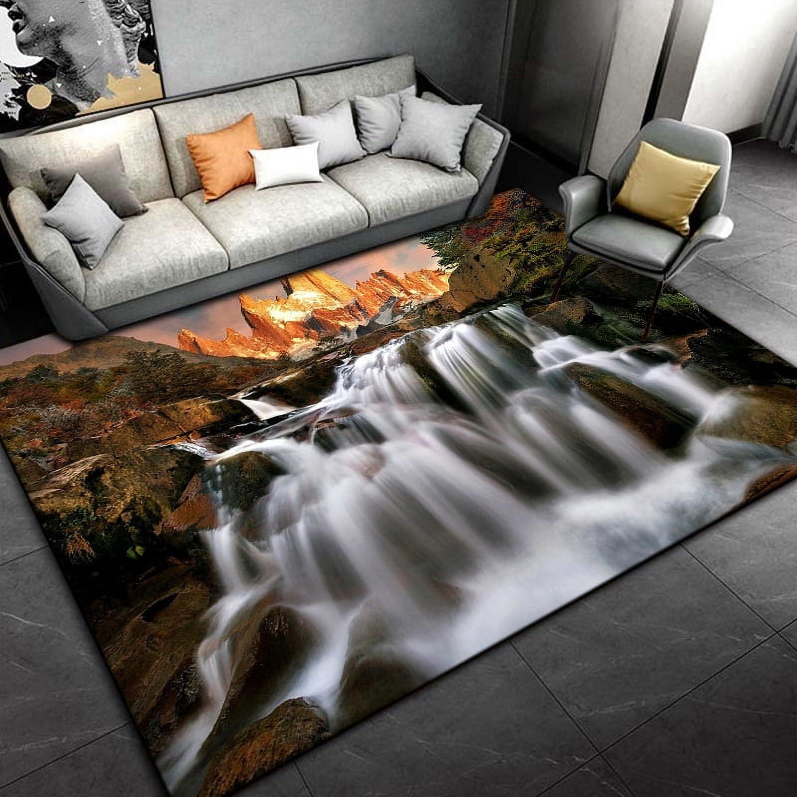 Natural Scenery Carpet For Living Room Green Forest Waterfall Landscape ...