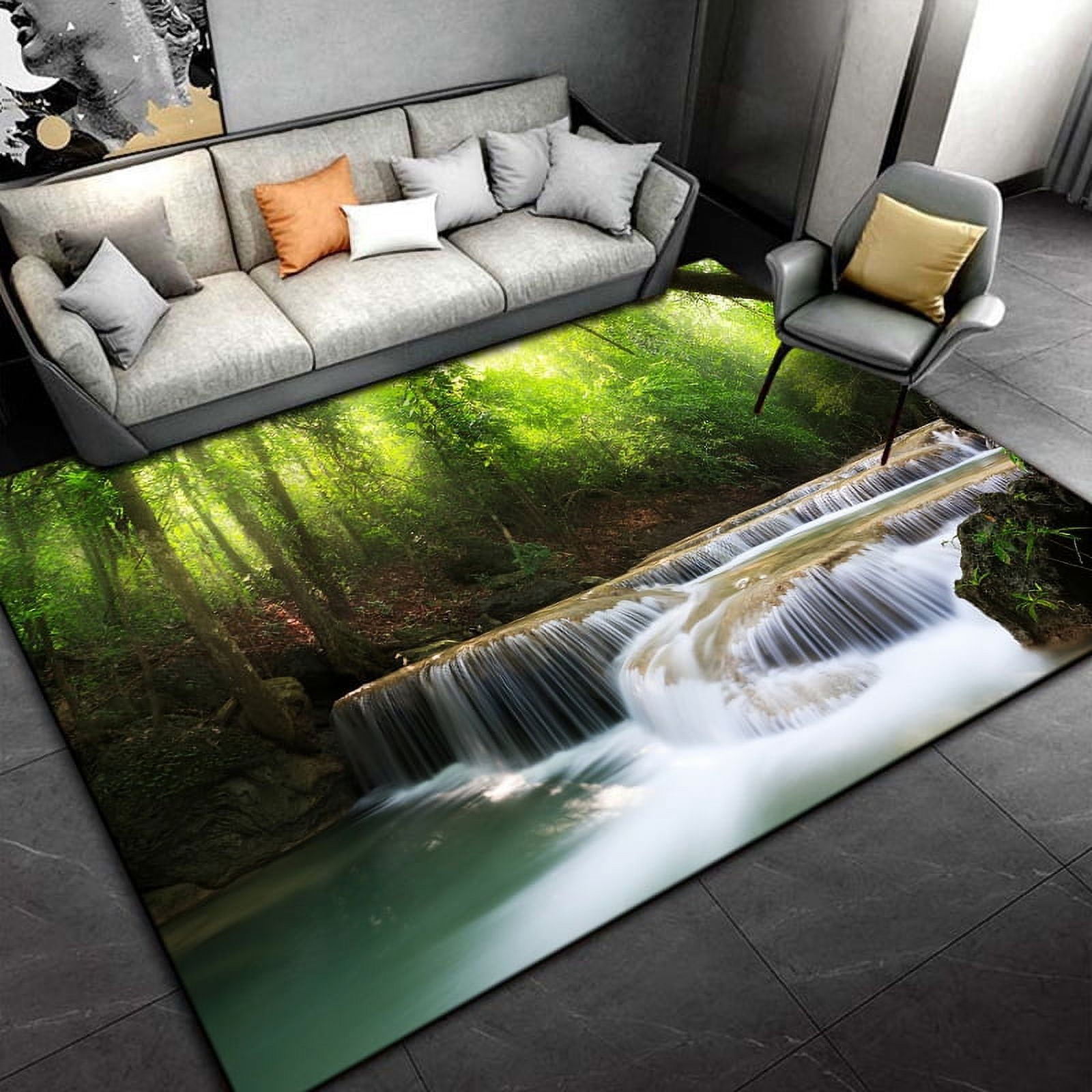 Natural Scenery Carpet For Living Room Green Forest Waterfall Landscape ...