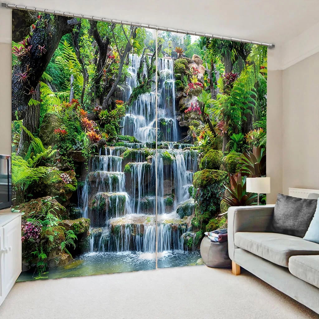 Natural Scenery Forest Landscape Waterfall Window Curtains Blinds For ...
