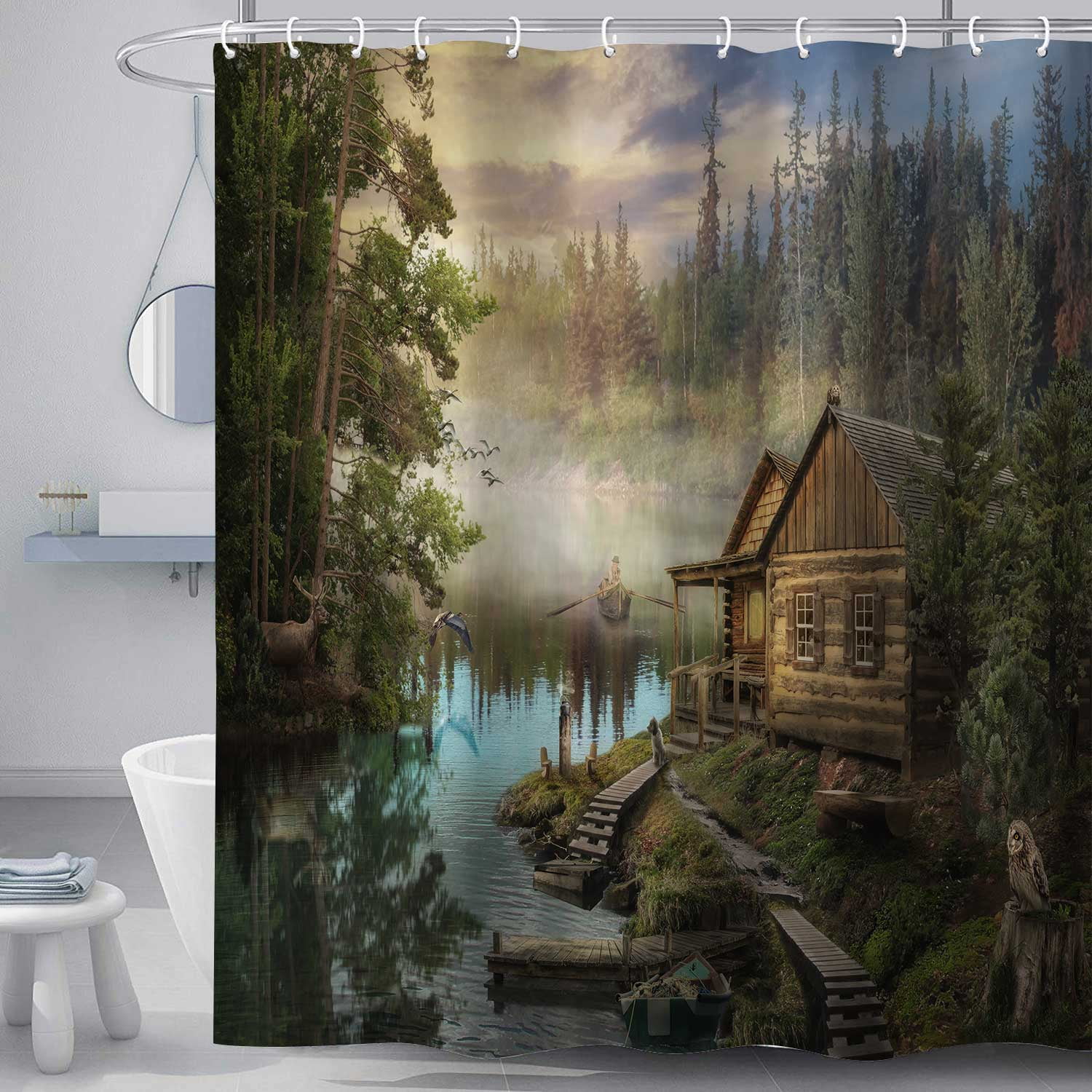 Natural Scenery Lake House Shower Curtain Sets, Wooden Cabin Pine Tree ...