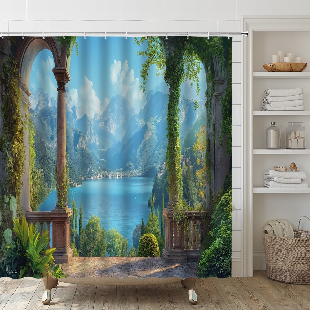 Natural Scenery Mountain Shower Curtain Set Blue Lake Fabric Bath ...