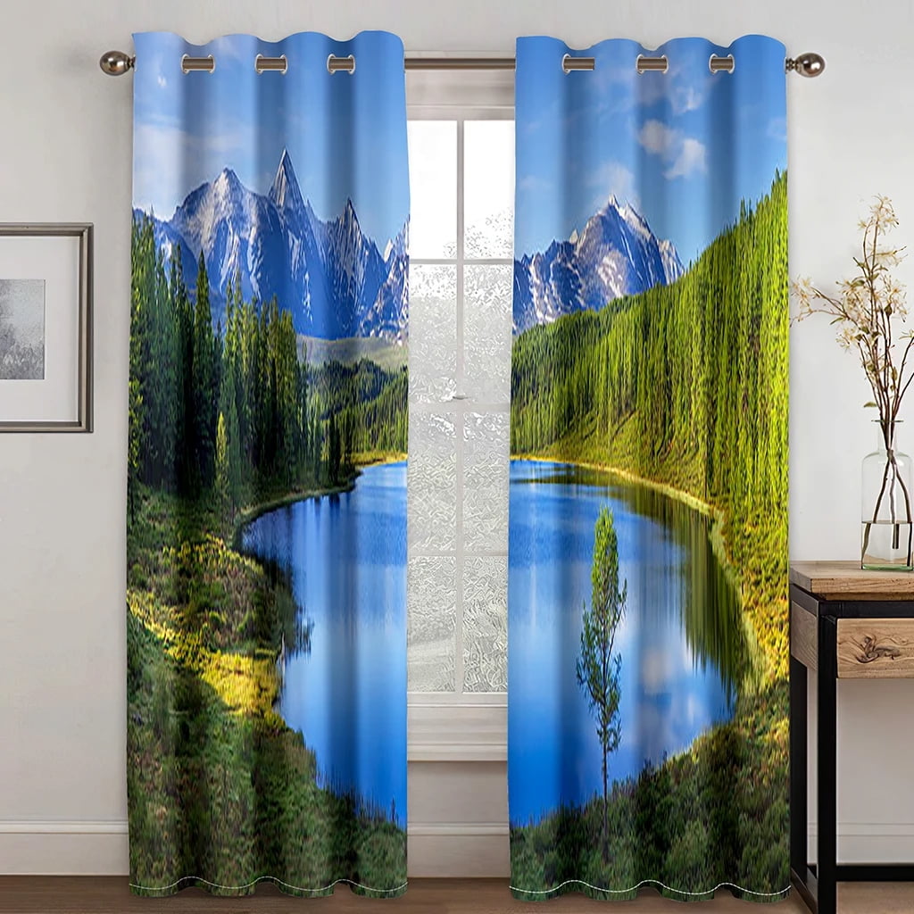 Natural Scenery Pattern High Shading Curtain Snow Mountain Lake Forest ...