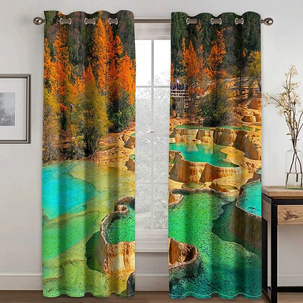 Natural Scenery Pattern High Shading Curtain Snow Mountain Lake Forest ...