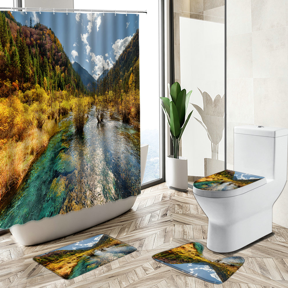 Natural Scenery Shower Curtain Waterfall Forest Autumn Bathroom Set ...