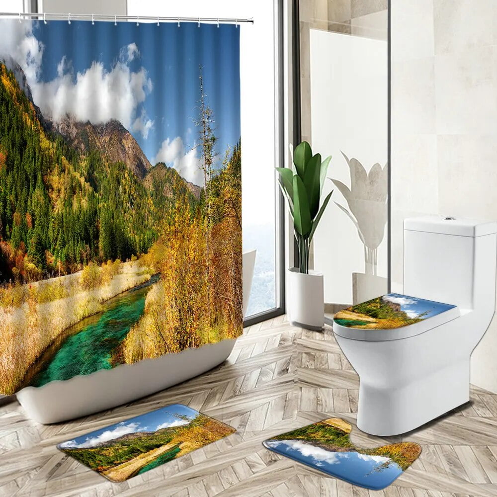 Natural Scenery Shower Curtain Waterfall Forest Autumn Bathroom Set ...