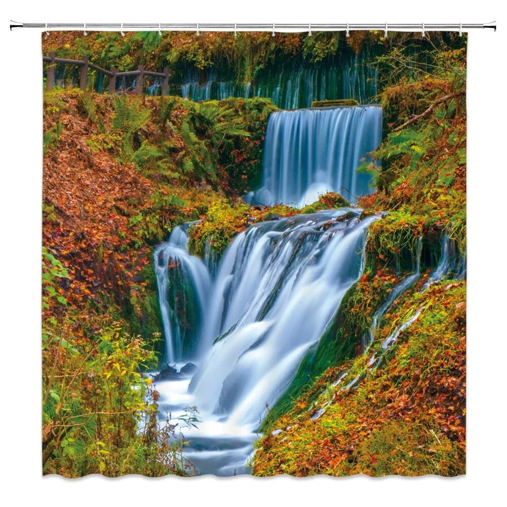 Natural Scenery Shower Curtains Waterfall Green Meadow Flower Spring ...
