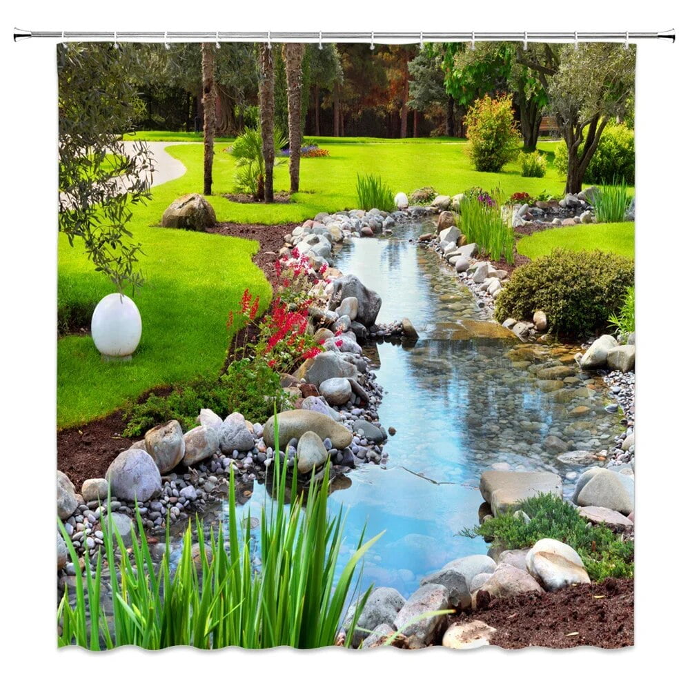 Natural Scenery Shower Curtains Waterfall Green Meadow Flower Spring ...