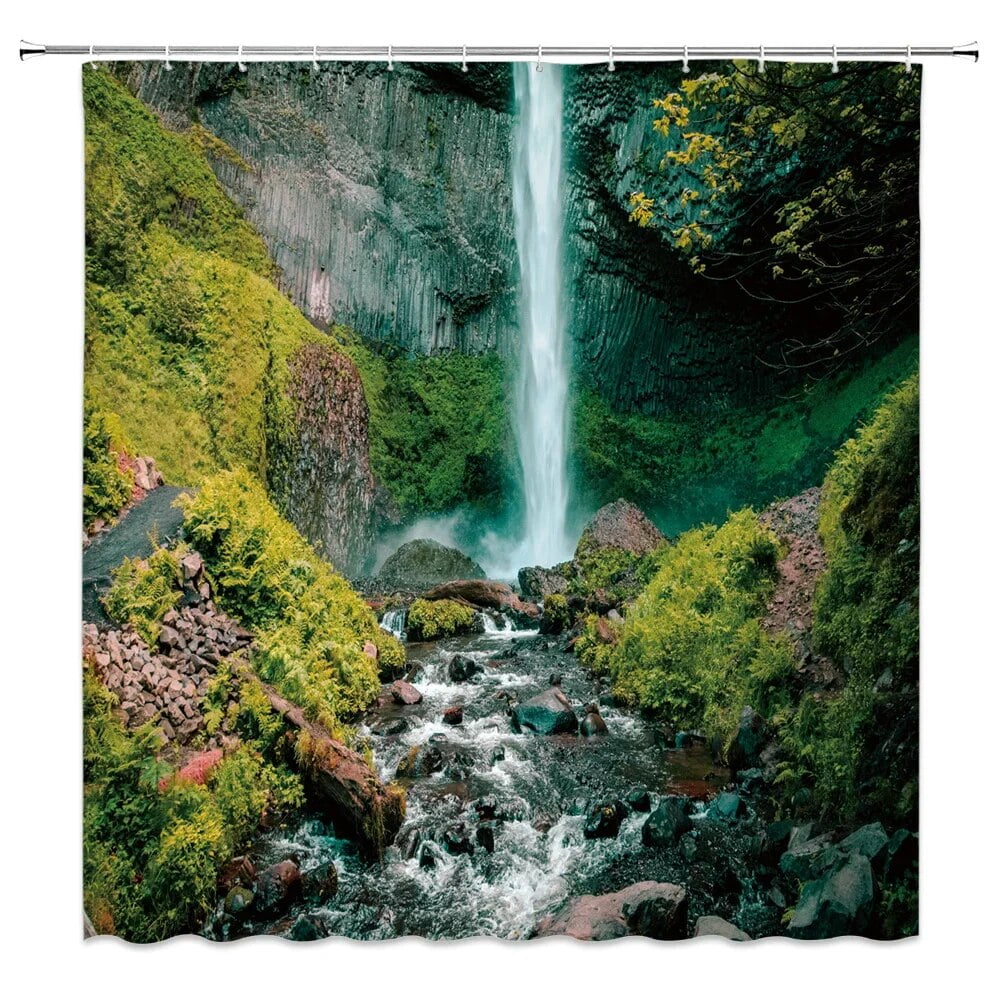 Natural Scenery Shower Curtains Waterfall Green Meadow Flower Spring ...