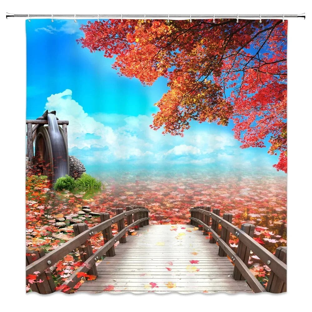 Natural Scenery Shower Curtains Waterfall Green Meadow Flower Spring ...