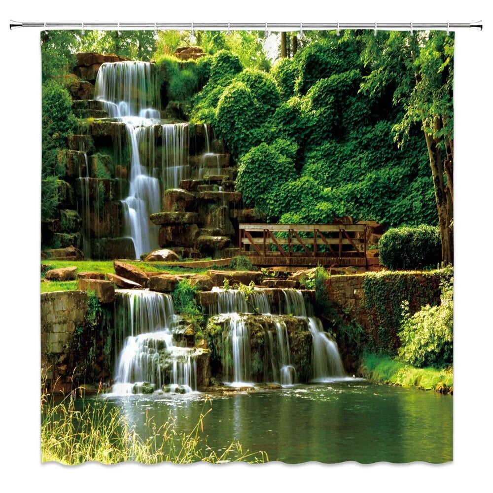 Natural Scenery Shower Curtains Waterfall Green Meadow Flower Spring ...