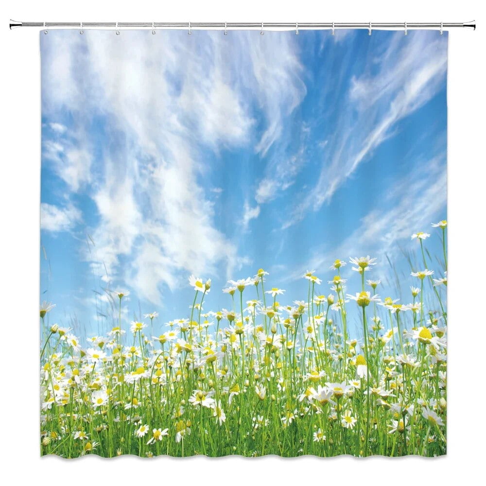 Natural Scenery Shower Curtains Waterfall Green Meadow Flower Spring ...