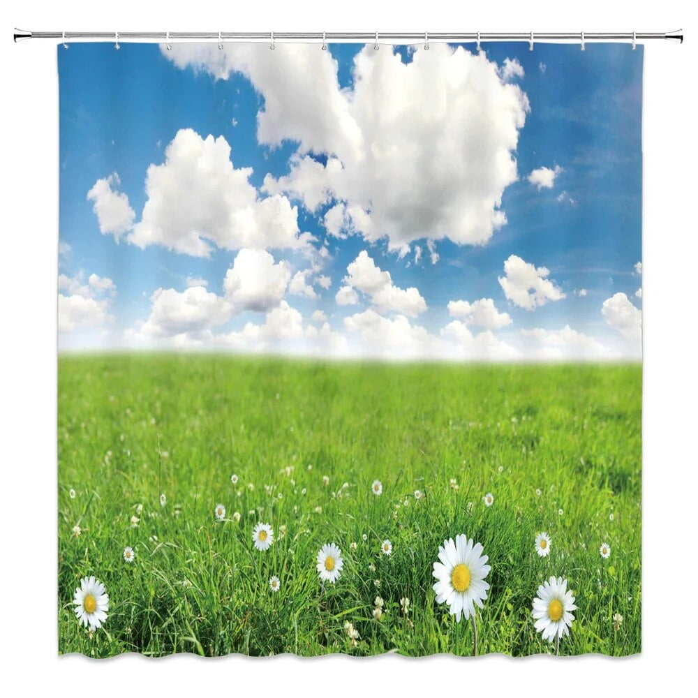 Natural Scenery Shower Curtains Waterfall Green Meadow Flower Spring ...