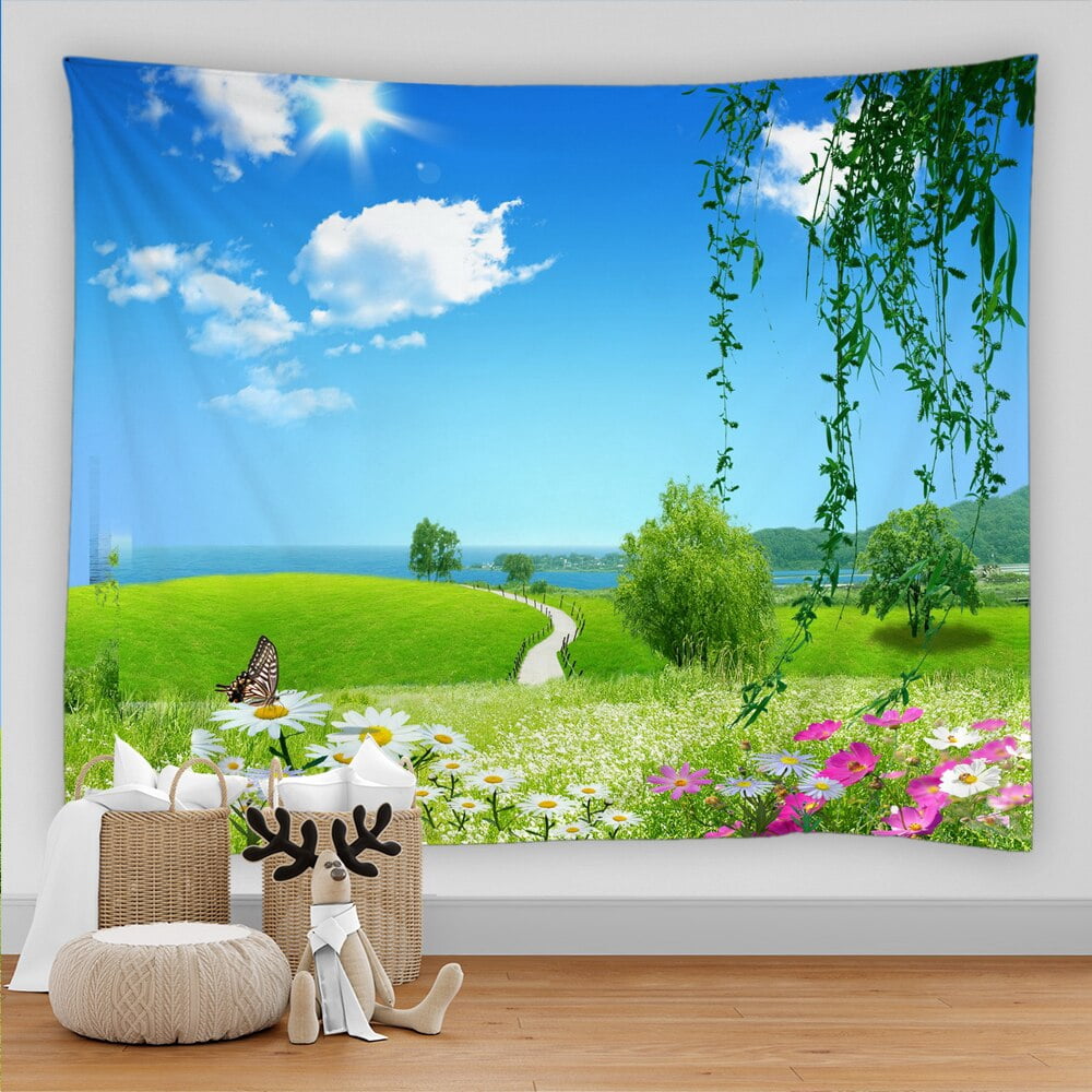Natural Scenery Tapestry Wall Hanging Sunny Blue Sky Birds Landscape ...