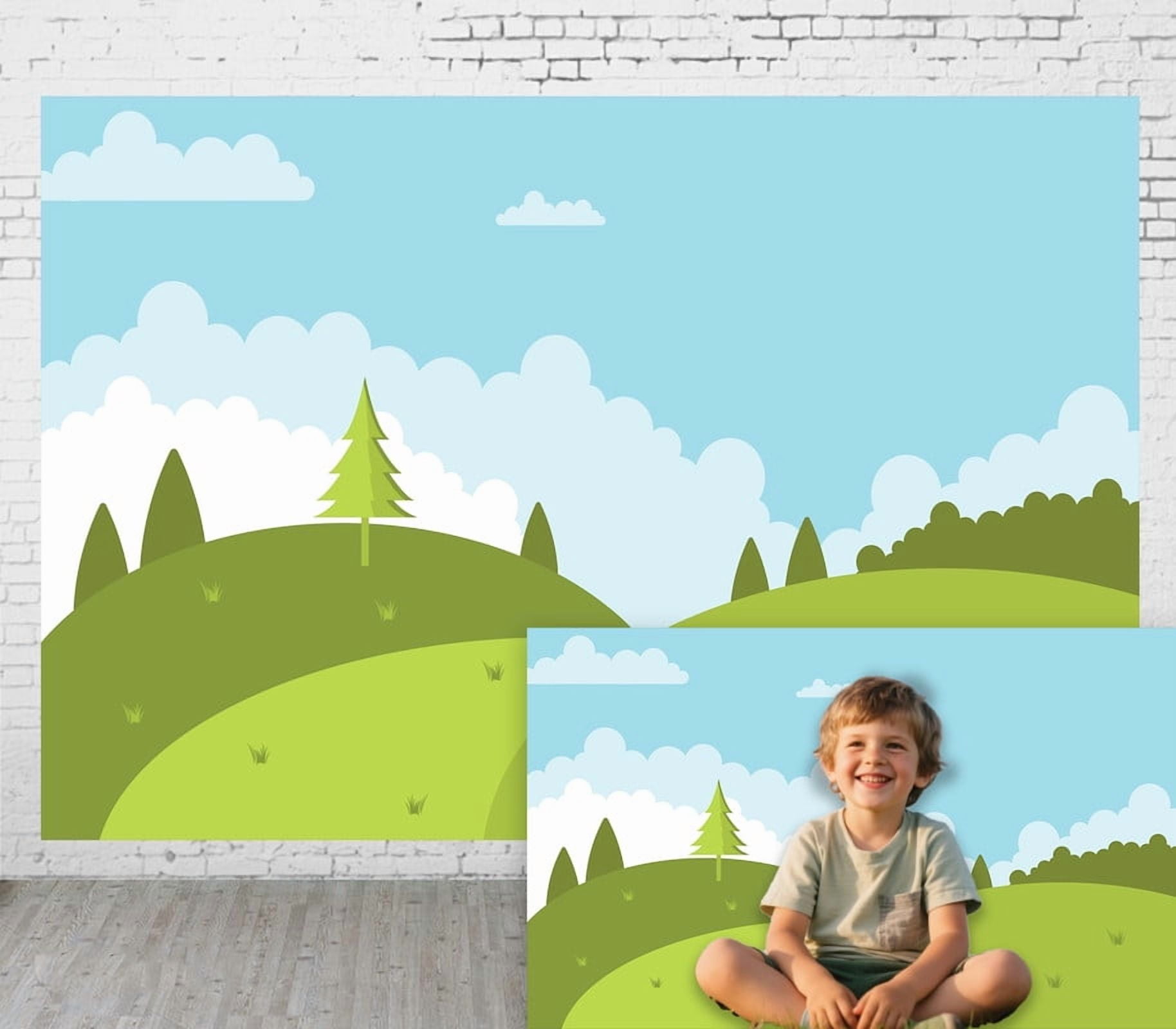 Natural Scenery Themed Backdrop , Featuring White Clouds Green Hills ...