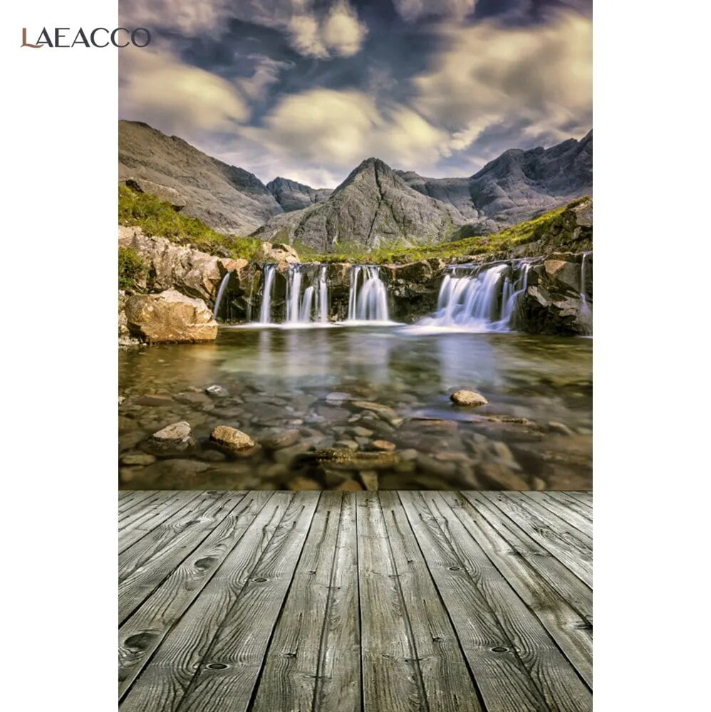 Natural Scenic Mountain Stone Waterfall Lake Cloudy Wooden Floor Plank ...