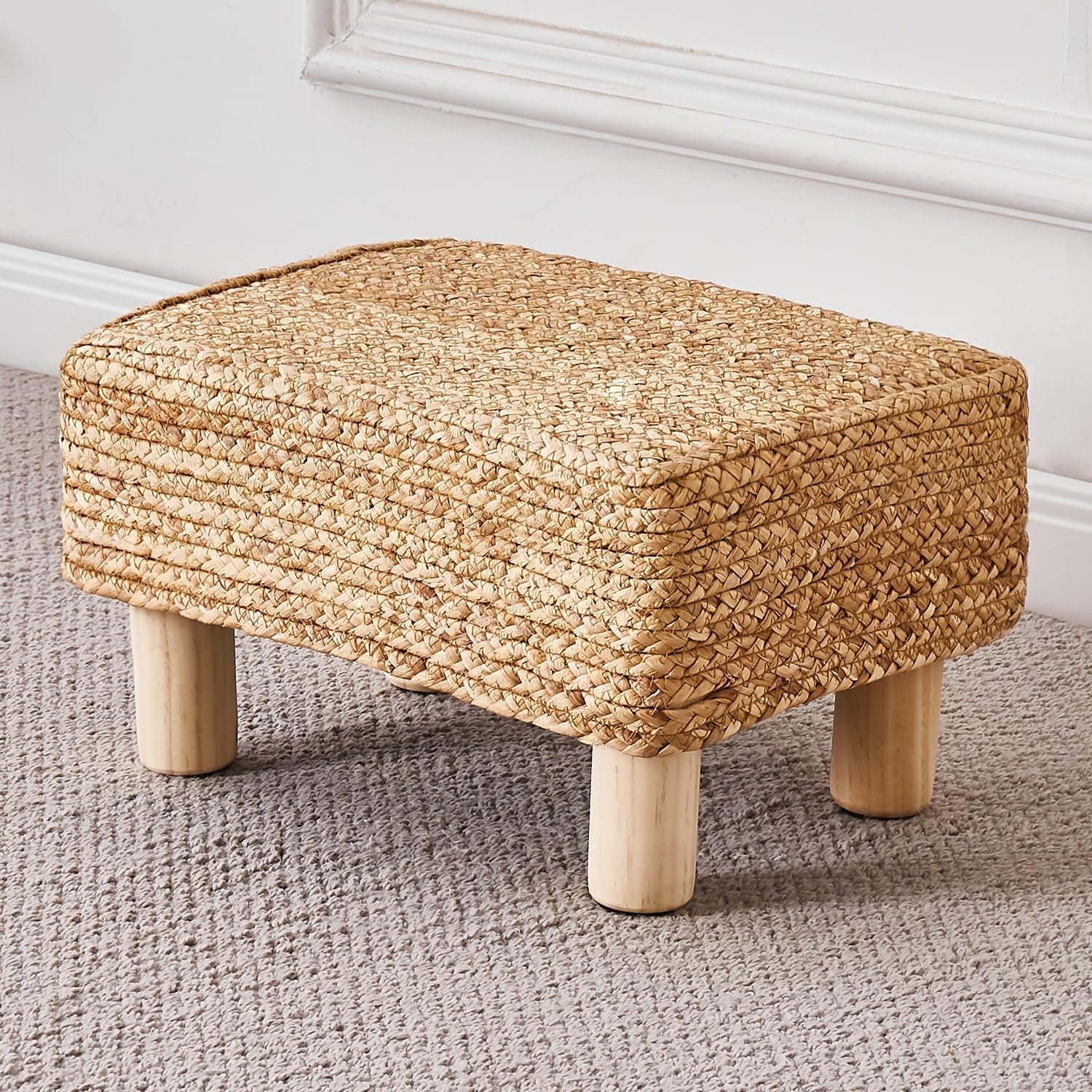 Natural Seagrass Footstool with Wooden Legs Hand Weave Rectangular ...
