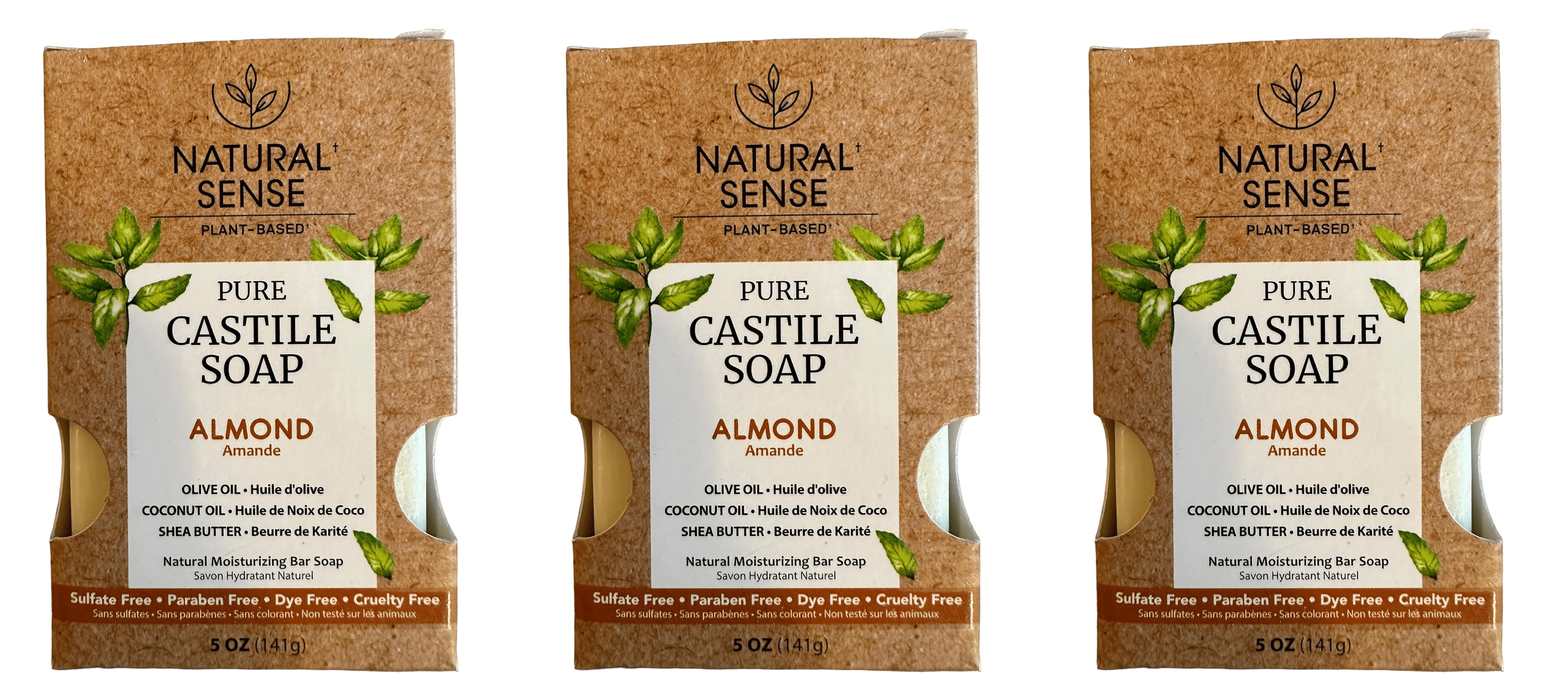 Natural Sense Pure Castile Soap Almond Bar, Plant Based ~ 3 Pack ...