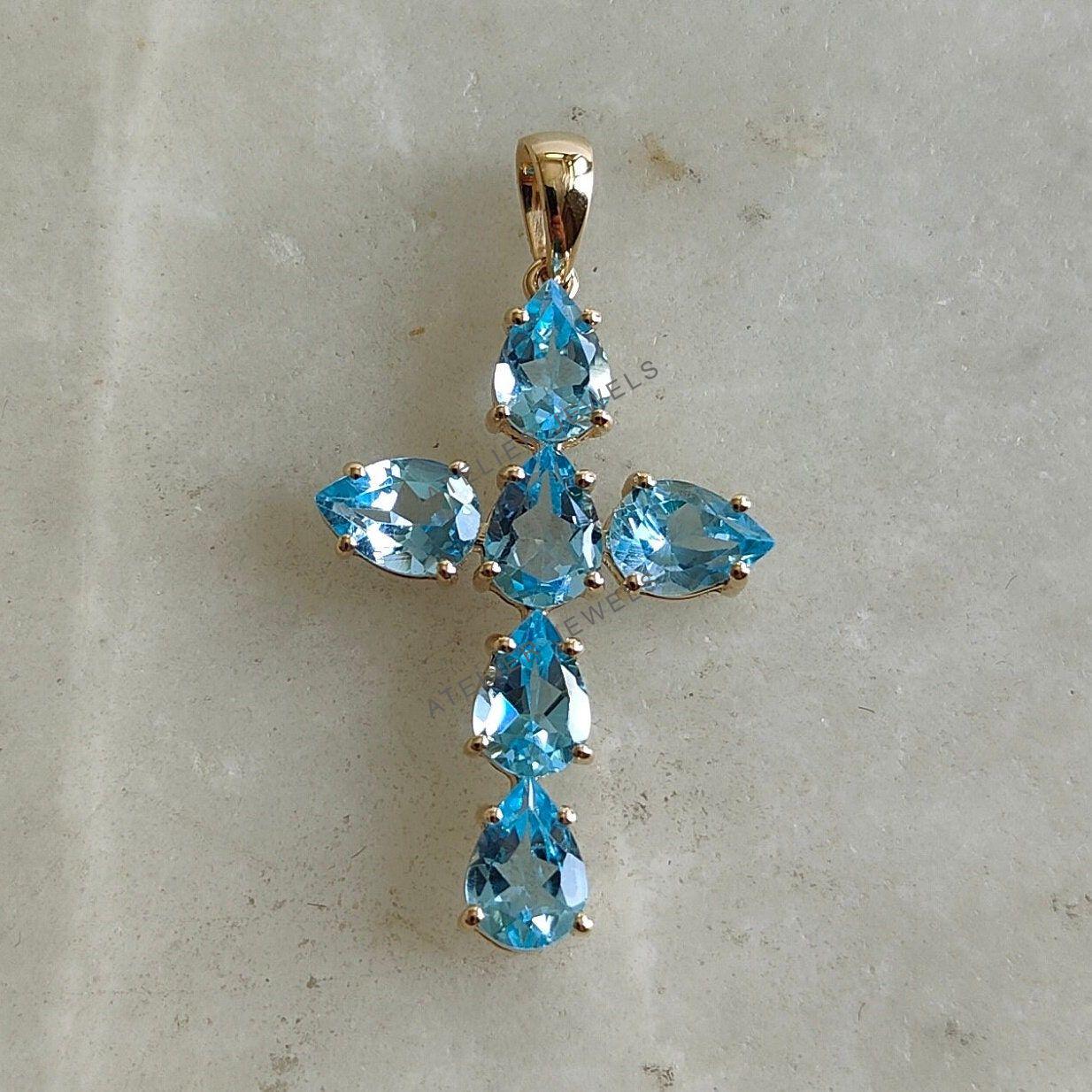 Natural Sky Blue Topaz Pendant, 14K Solid Yellow Gold Sky Blue Topaz ...