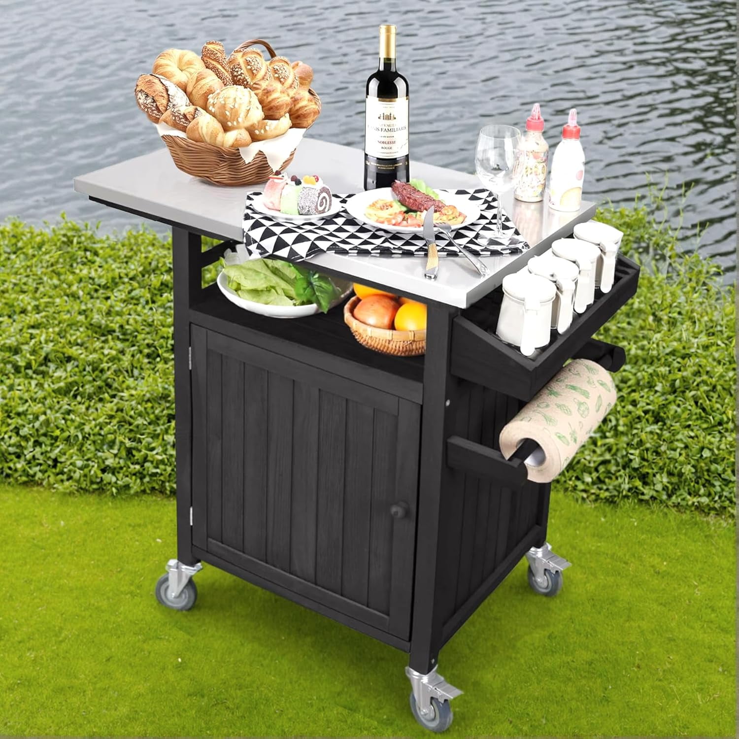 Natural Solid Wood Outdoor Grill Cart with Storage Cabinet,BBQ Grill ...