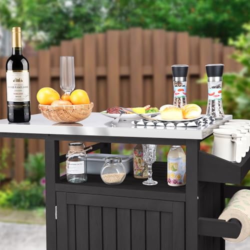 Natural Solid Wood Outdoor Grill Cart with Storage Cabinet,BBQ Grill ...