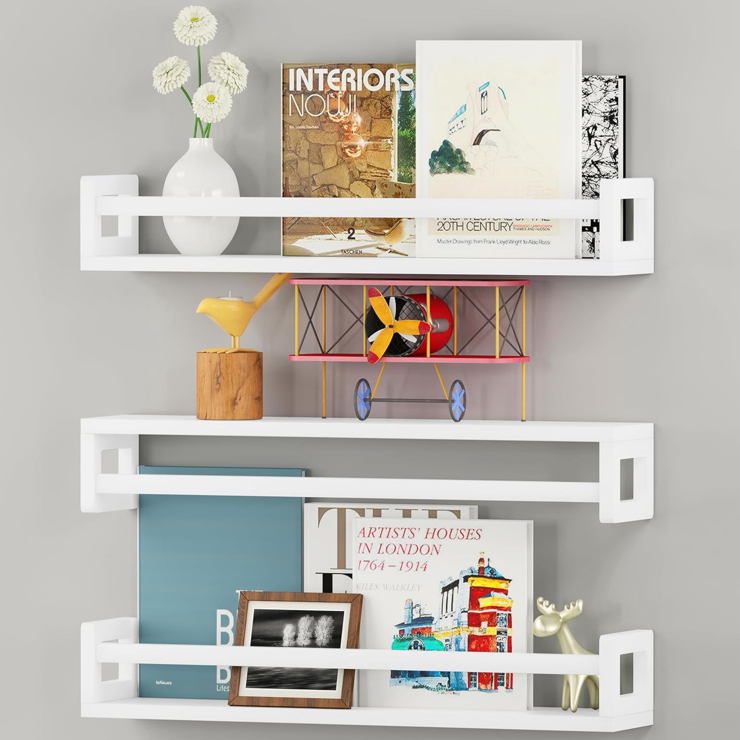Natural Solid Wood Shelves, Wall Bookshelf, Set of 3 Floating Book ...